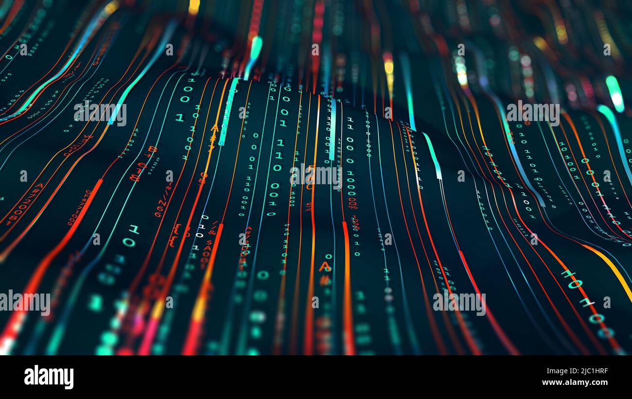 Wavy field, lines with a digital code. Digital structure, big data ...