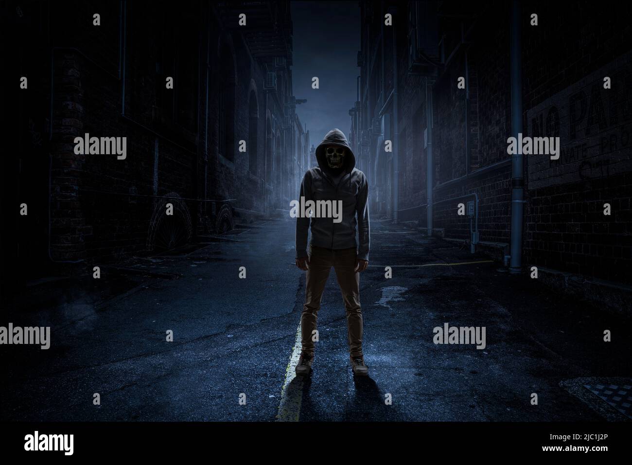 Scary and creepy male monster with gouged eyes looking like a skull ...