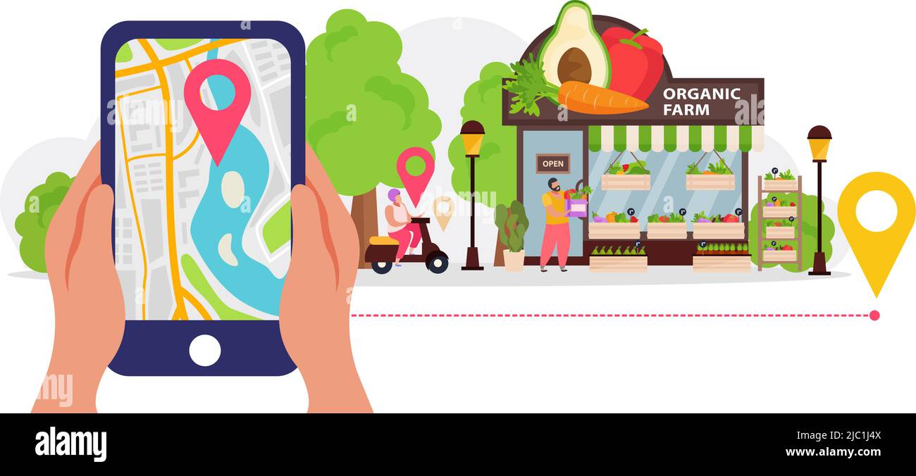 Small business composition with organic farm and map symbols flat ...