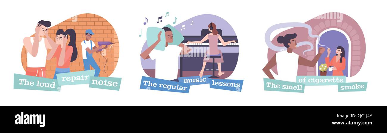 House neighbors set with music and cigarette smoke symbols flat ...