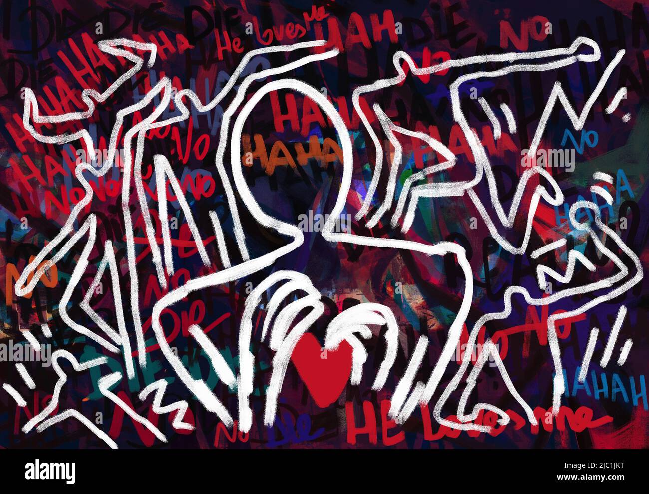 Spooky graffiti typo wall, character outline, dancing people, obsessive ...