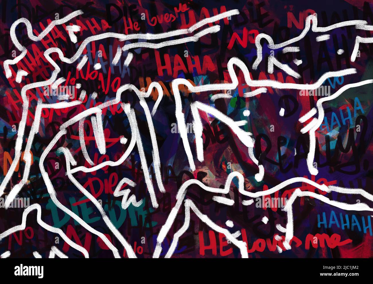 Spooky graffiti typo wall, character outline, creepy silhouette people ...