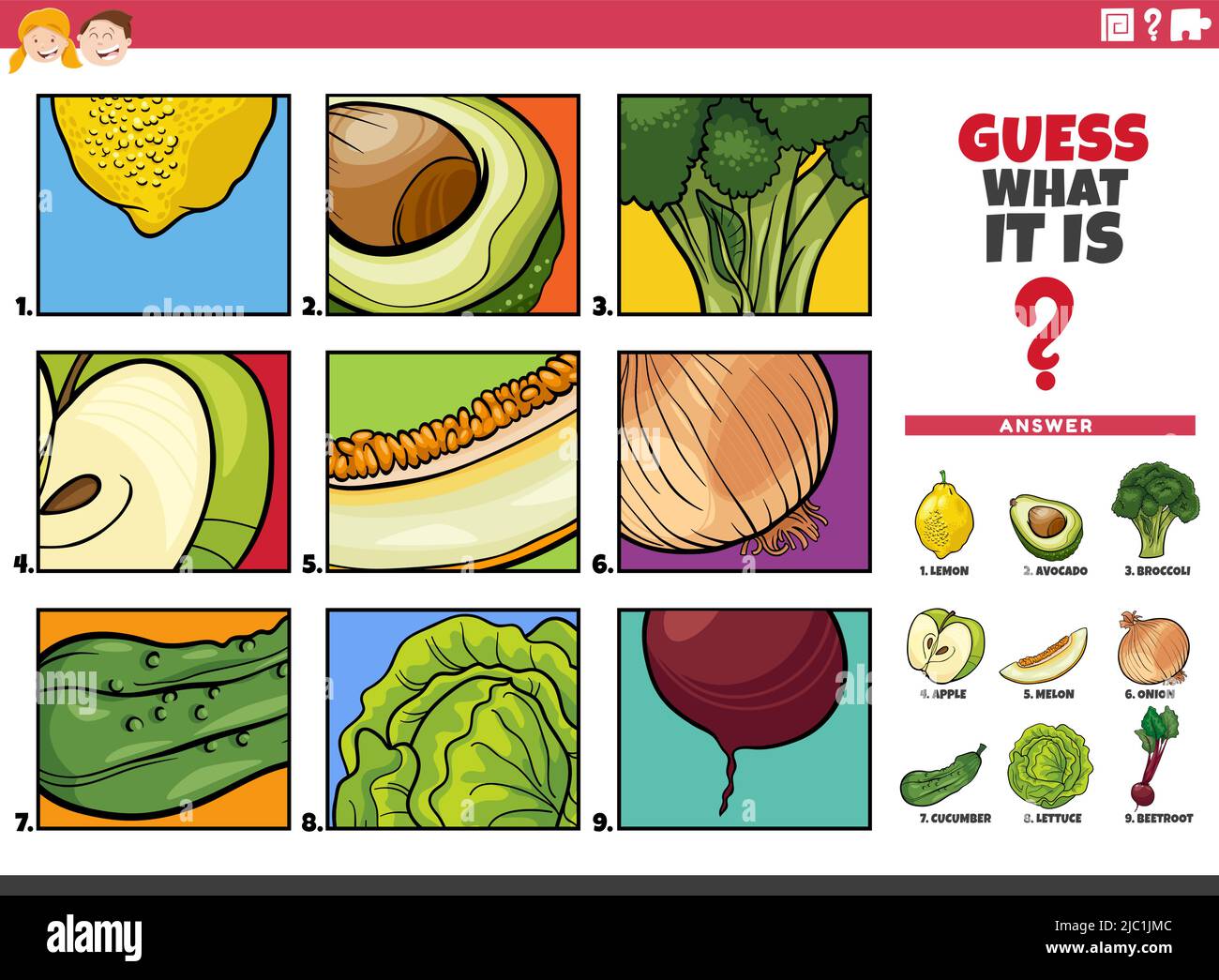 Cartoon illustration of educational game of guessing fruits and ...