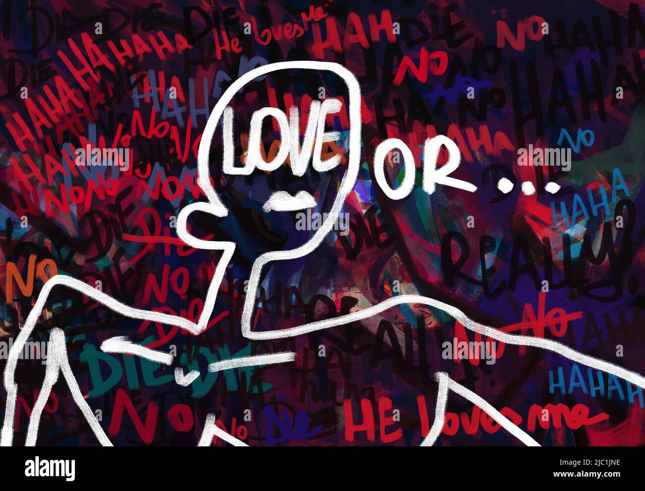 Violent graffiti typo wall, character outline, dark and creepy street ...