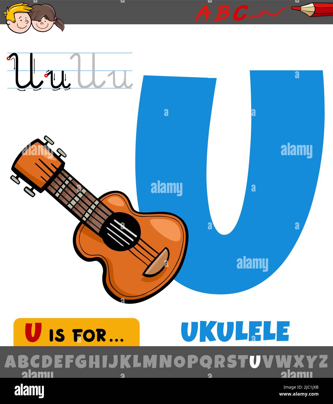 Educational cartoon illustration of letter U from alphabet with ukulele ...