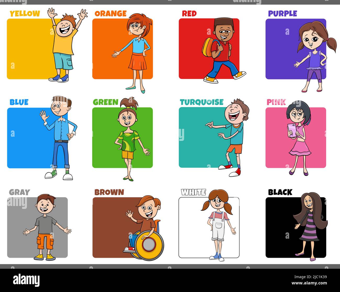 Cartoon illustration of basic colors with comic children characters ...