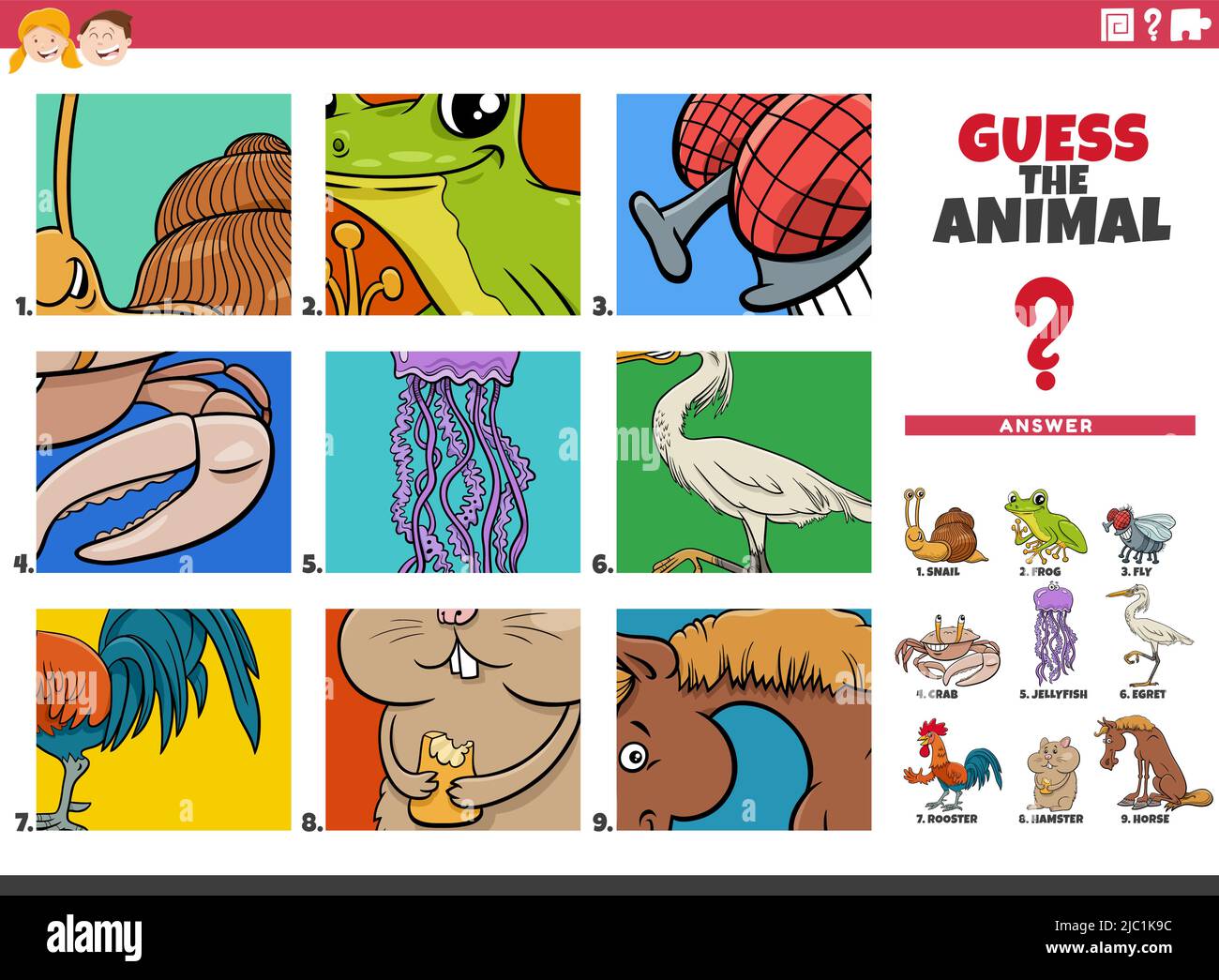 Cartoon illustration of educational game of guessing animal species for ...