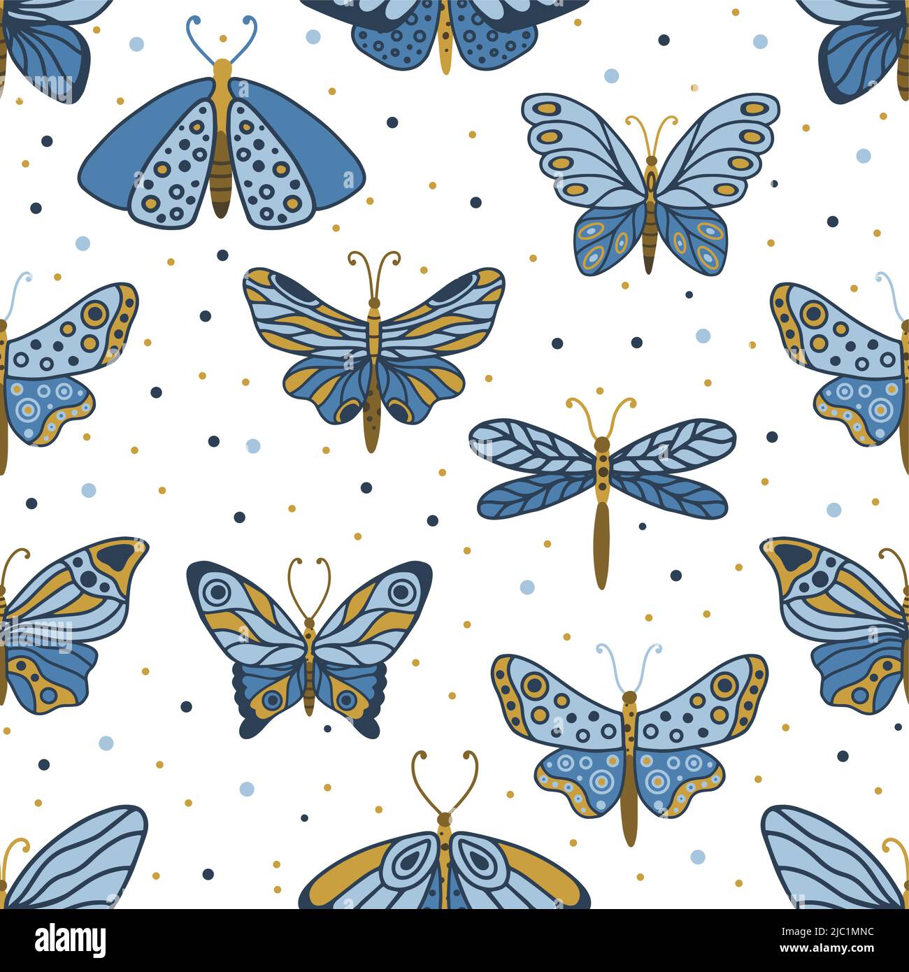 Floral seamless pattern with butterflies, hand drawn elements, vector ...