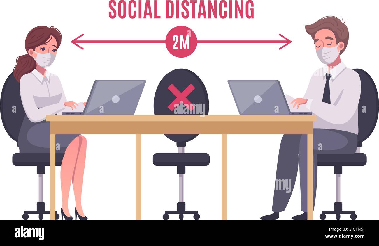 Social distancing in office cartoon concept with two workers in masks ...