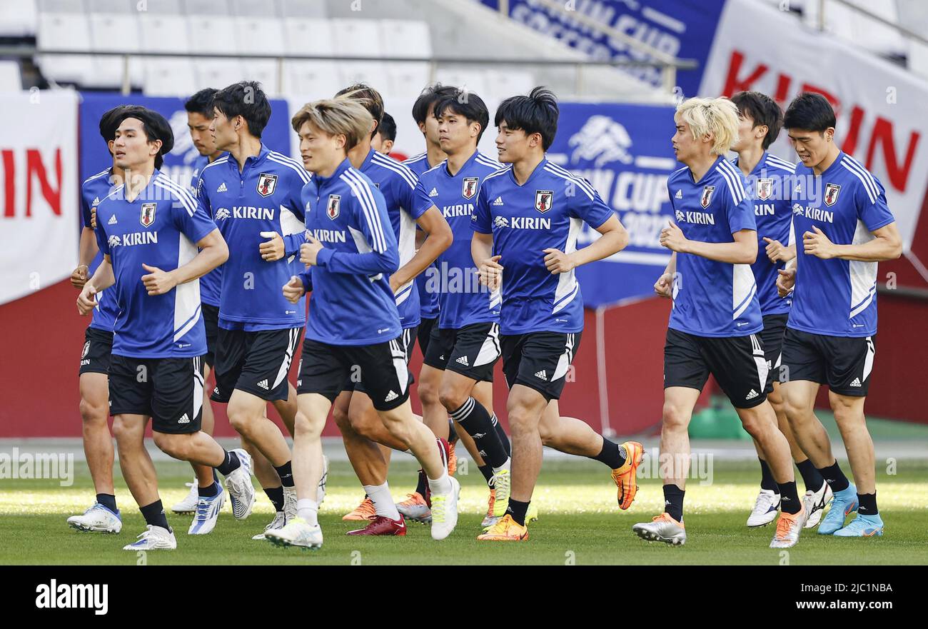 Members of Japan's national football team train at Noevir Stadium in ...