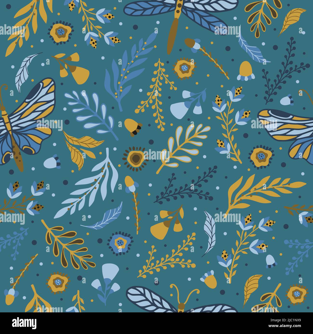 Floral seamless pattern with butterflies, hand drawn elements, vector ...