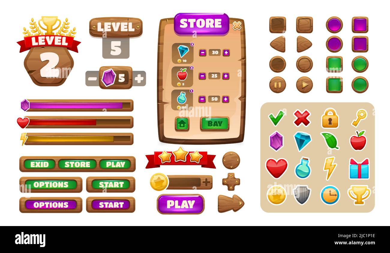 Game UI asset. Cartoon wooden menu interface elements, buttons icons ... Game UI asset. Cartoon wooden menu interface elements, buttons icons ...