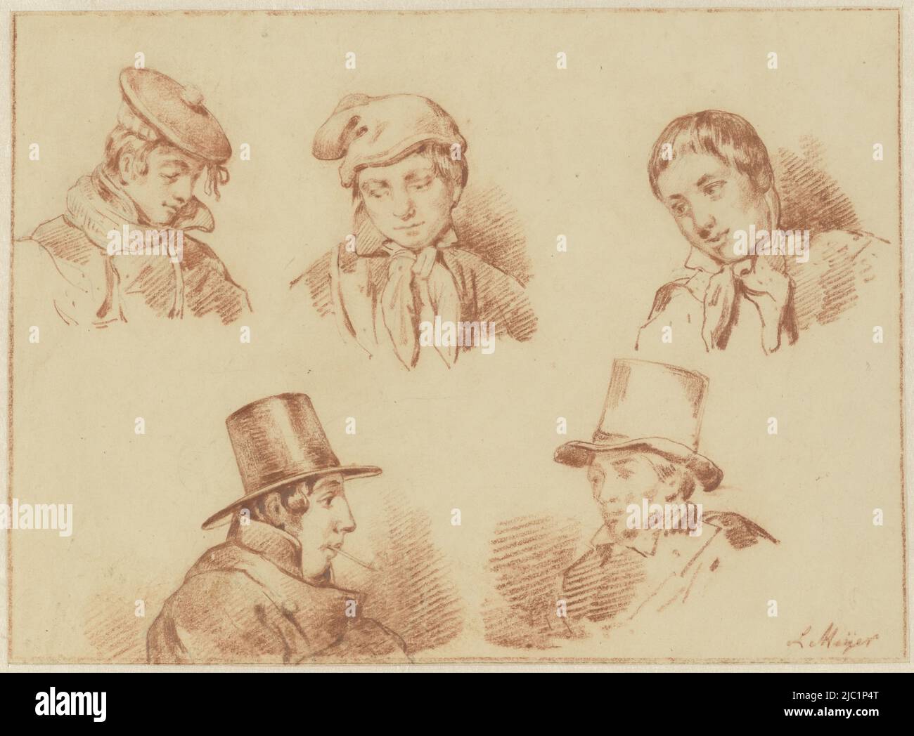 Study sheet with five boys' and men's heads, draughtsman: Louis Meijer ...