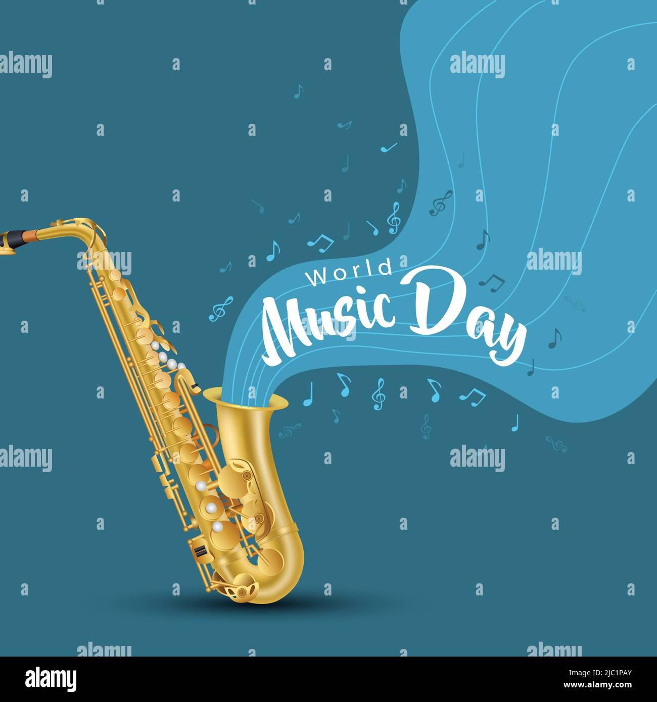 happy world music day and musical instrument saxophone with blue ...