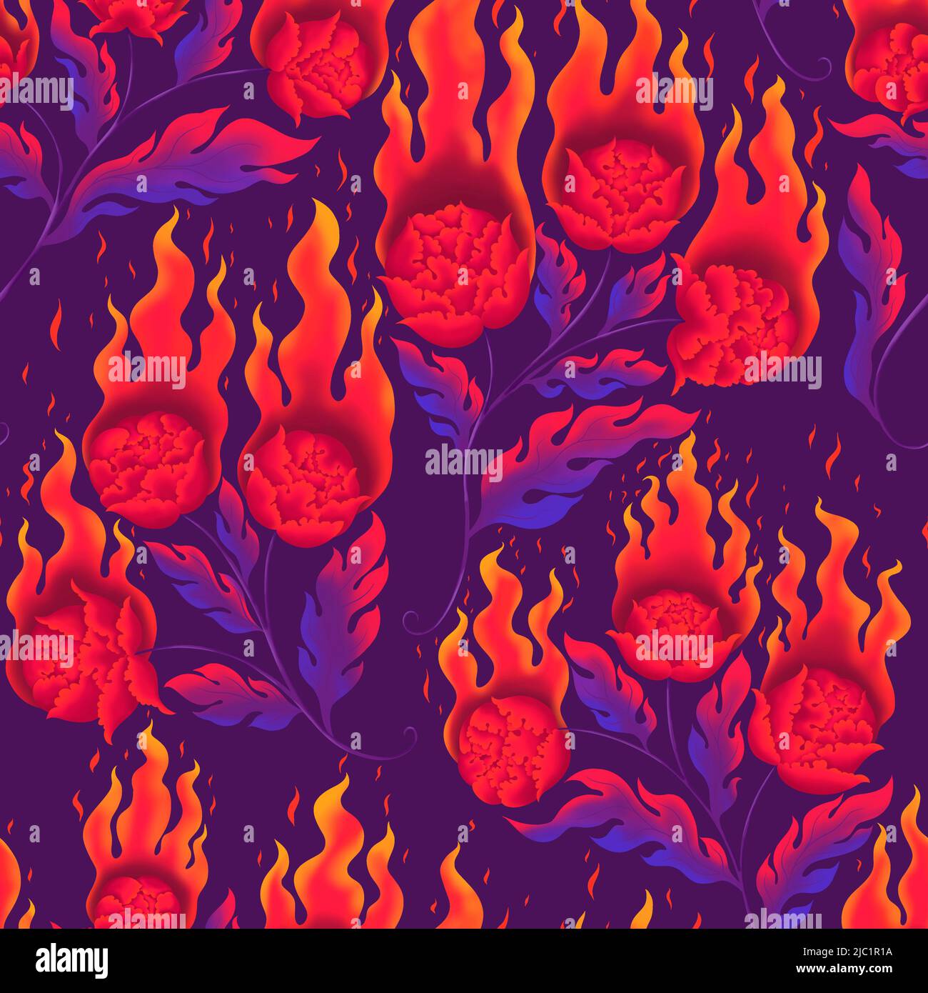 Roses on Fire. Burning flowers. Bright, passionate floral patterns. Red ...