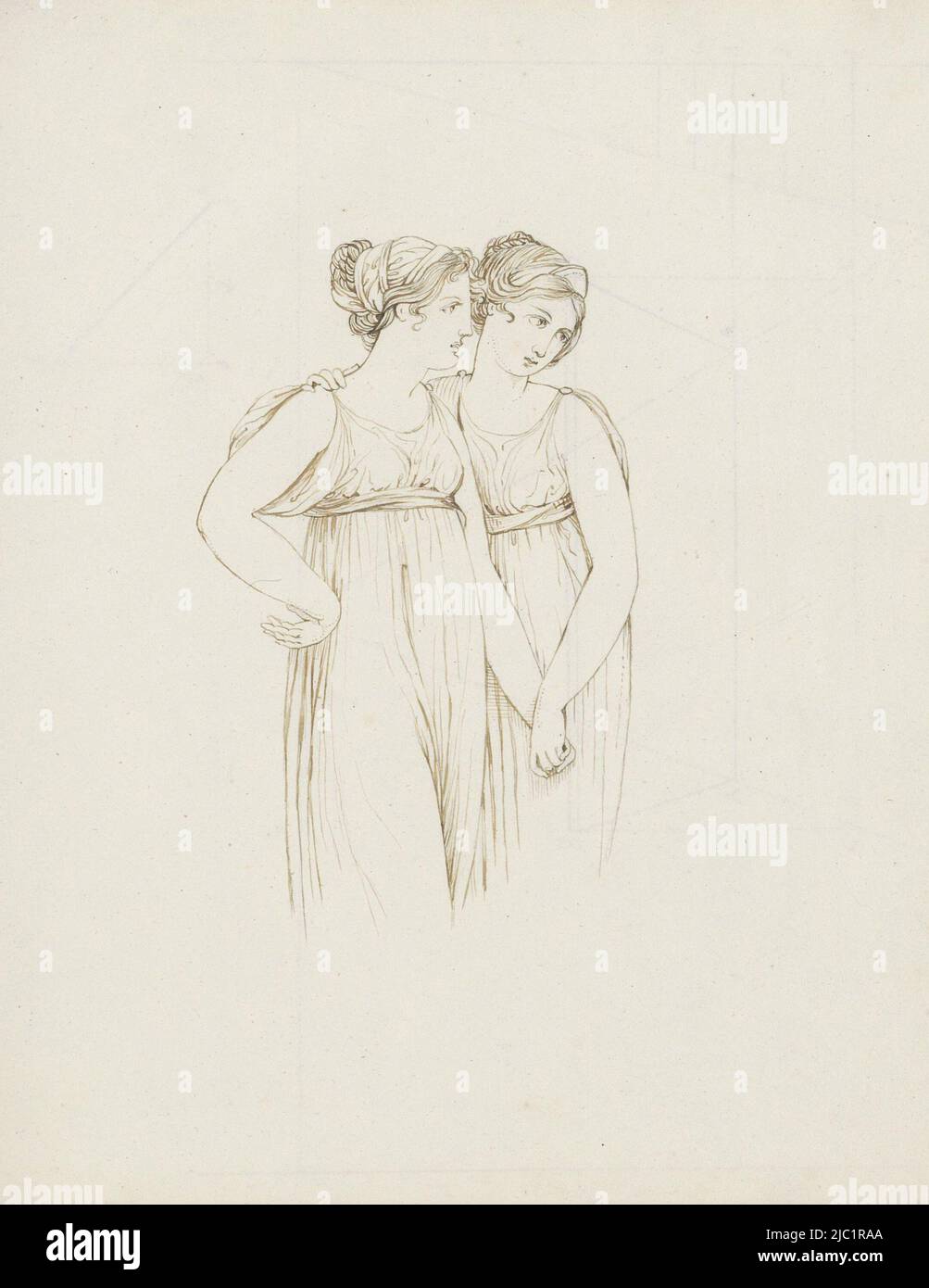 The women both wear a chiton. One woman puts her arm on the shoulder of ...