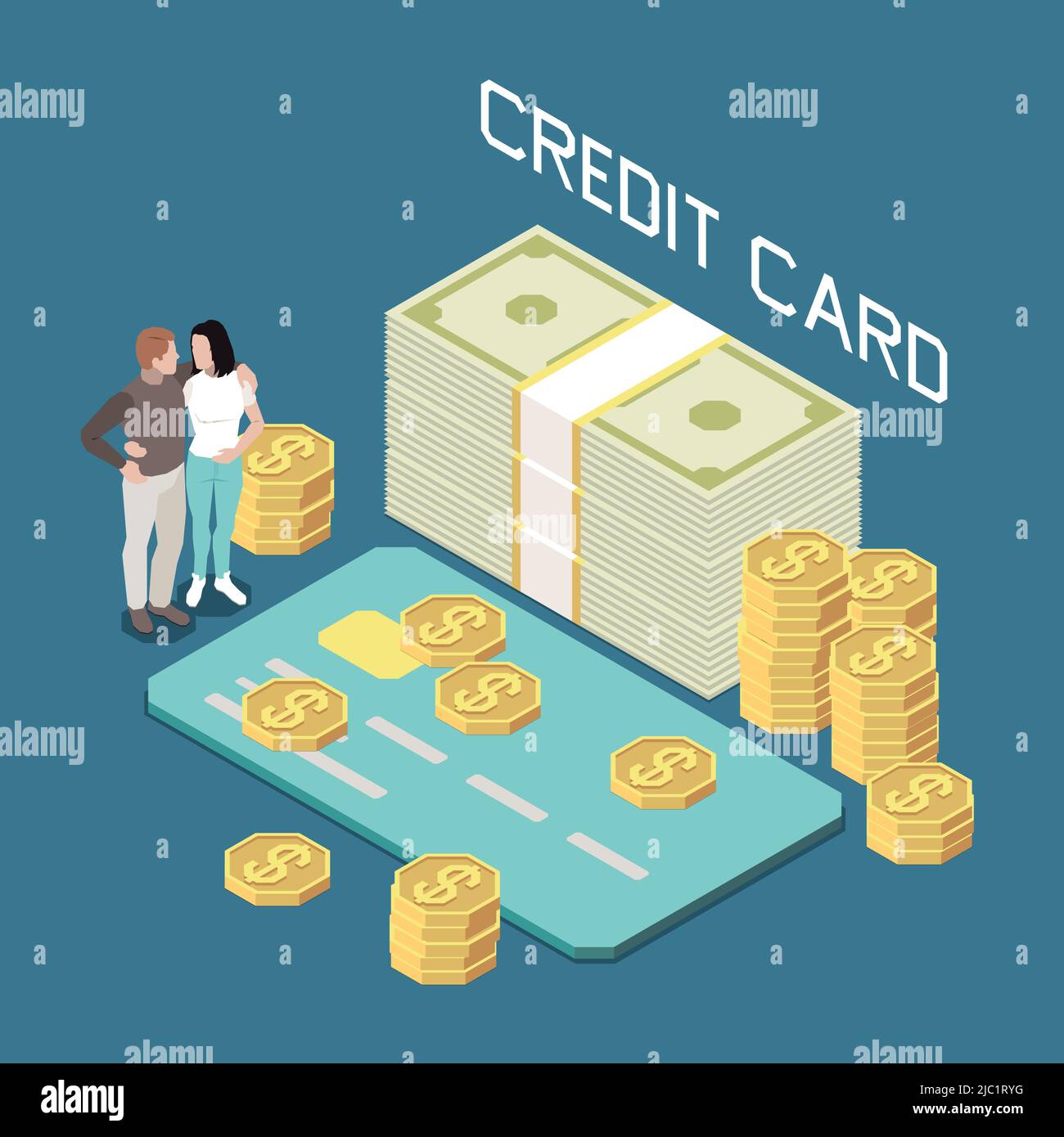 Money borrow with credit card isometric composition with couple ...