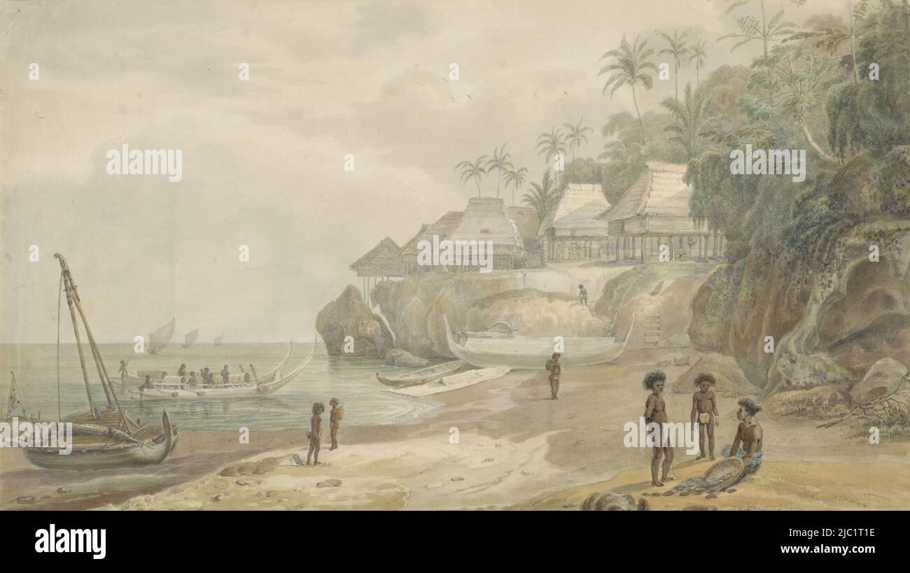 View of a settlement and beach with residents and vessels, on the east coast of Workai, one of ...
