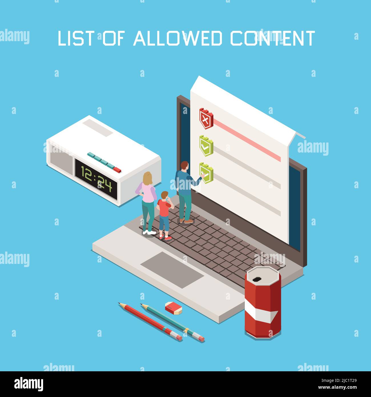 Using parental control on child smartphone tablet laptop advisory isometric composition with ...