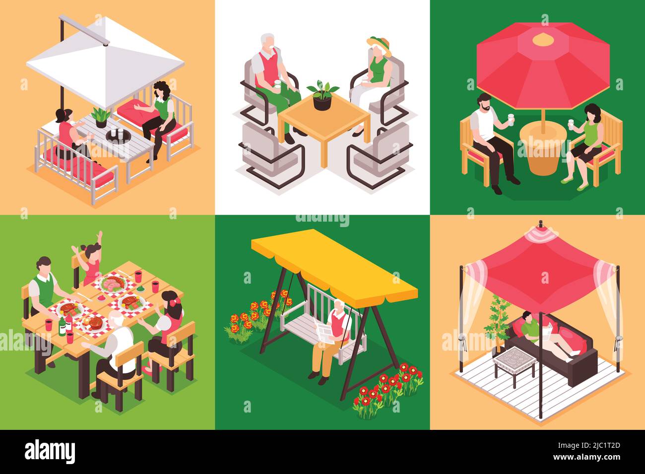 Isometric garden furniture design concept with square compositions of ...