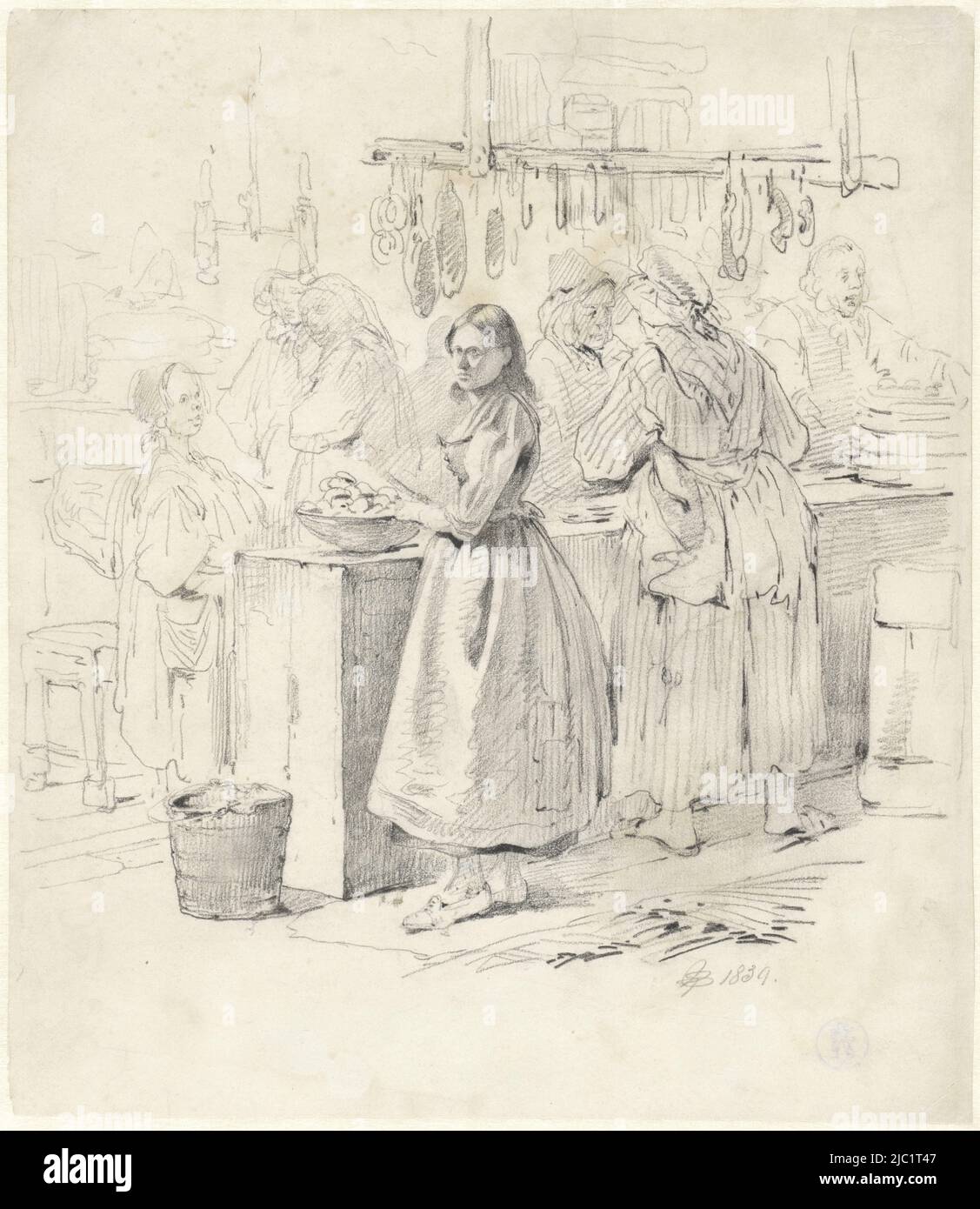 Interior of a butcher store, draughtsman: Pieter van Loon, 1839, paper ...