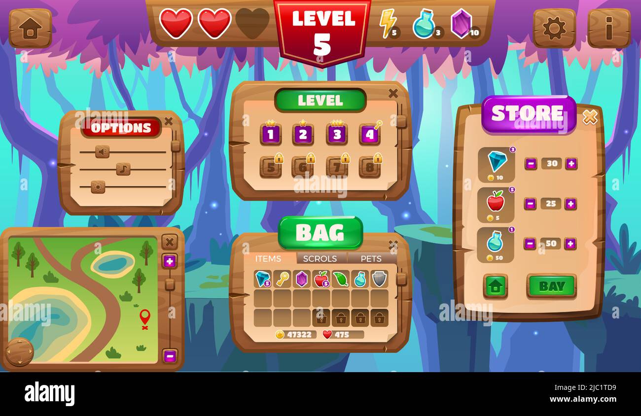 Cartoon game menu screen. Puzzle game background with interface ...
