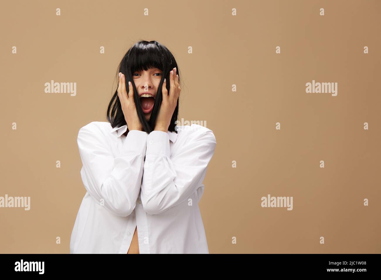 Happy enjoyed cute stylish adorable brunet lady in white shirt flirting ...