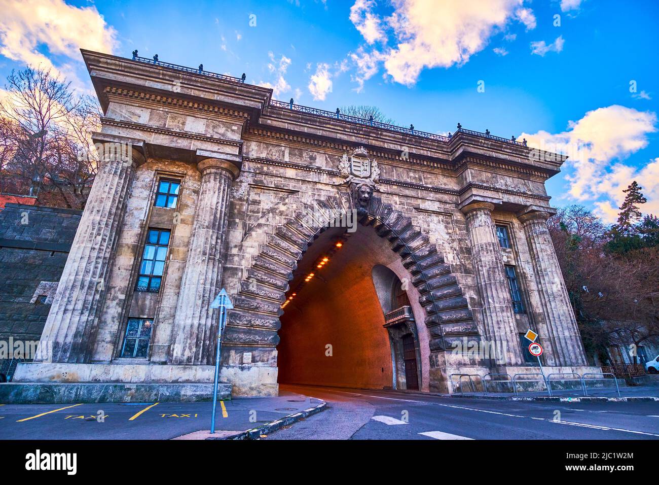 The scenic facade of historical Buda Castle Tunnel on Clark Adam Square ...