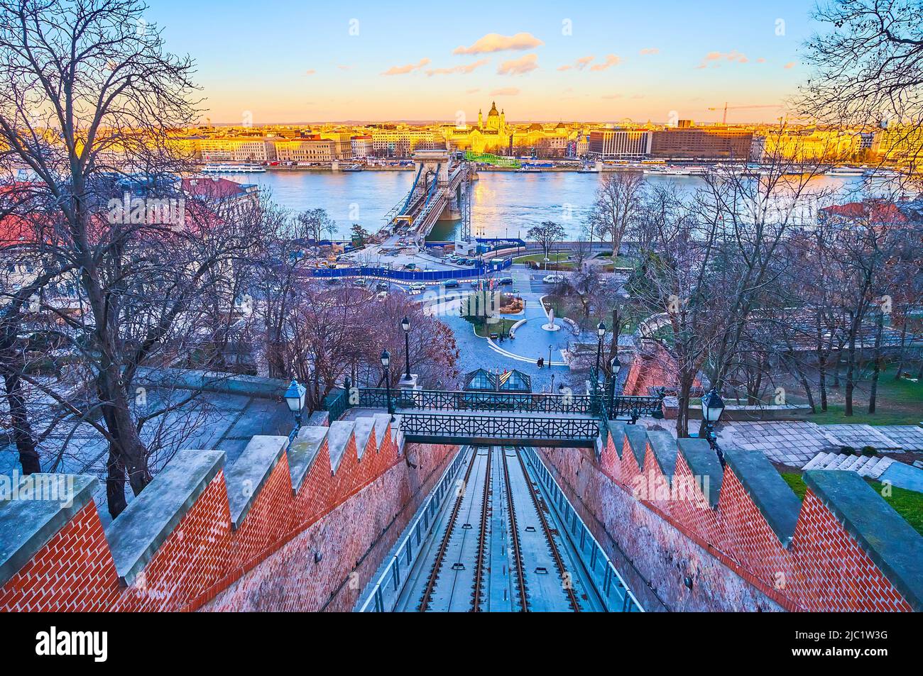 The old funicular rails and panorama of Clark Adam Square with ...