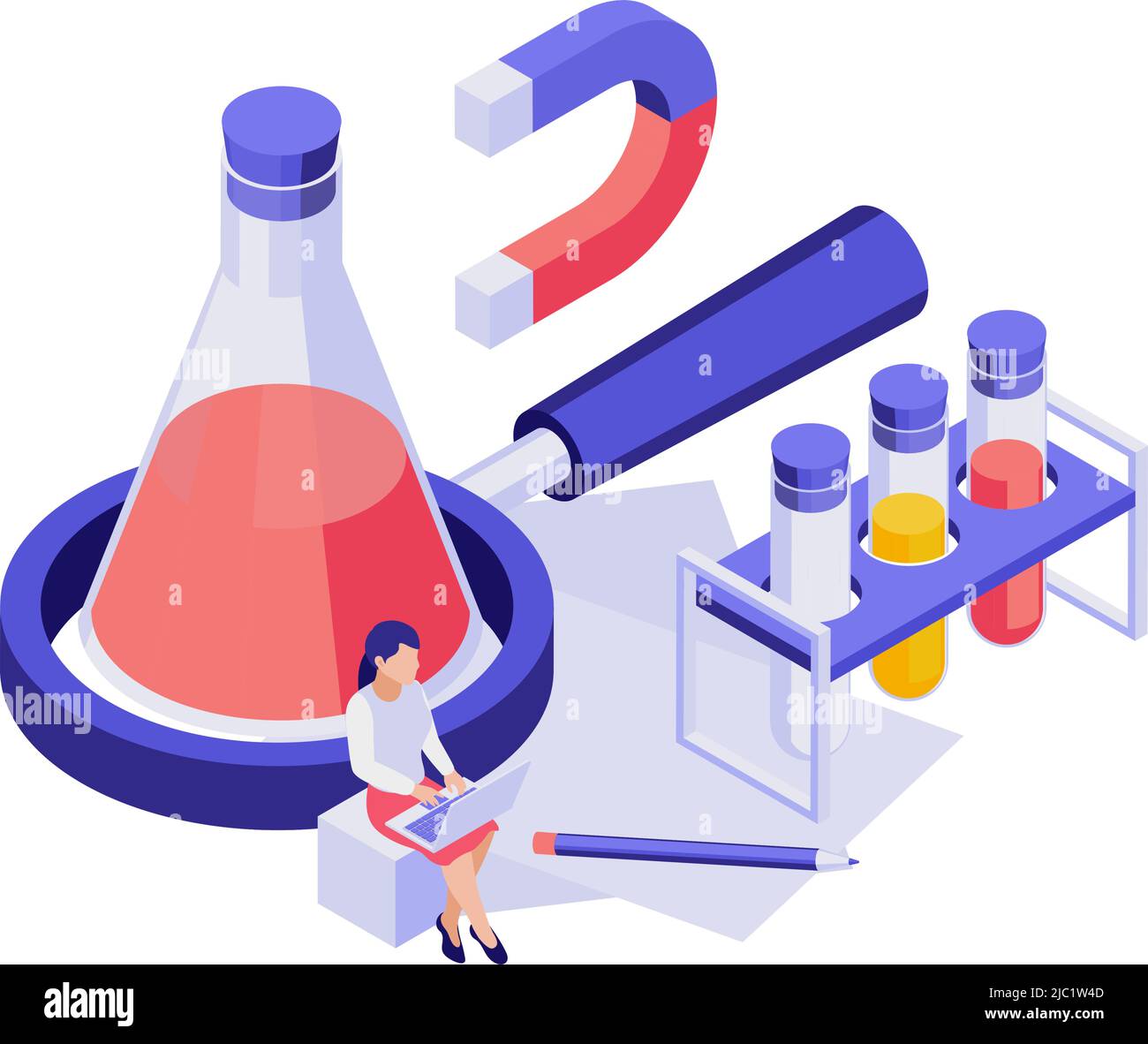 Isometric STEM education concept with girl and equipment for chemical ...