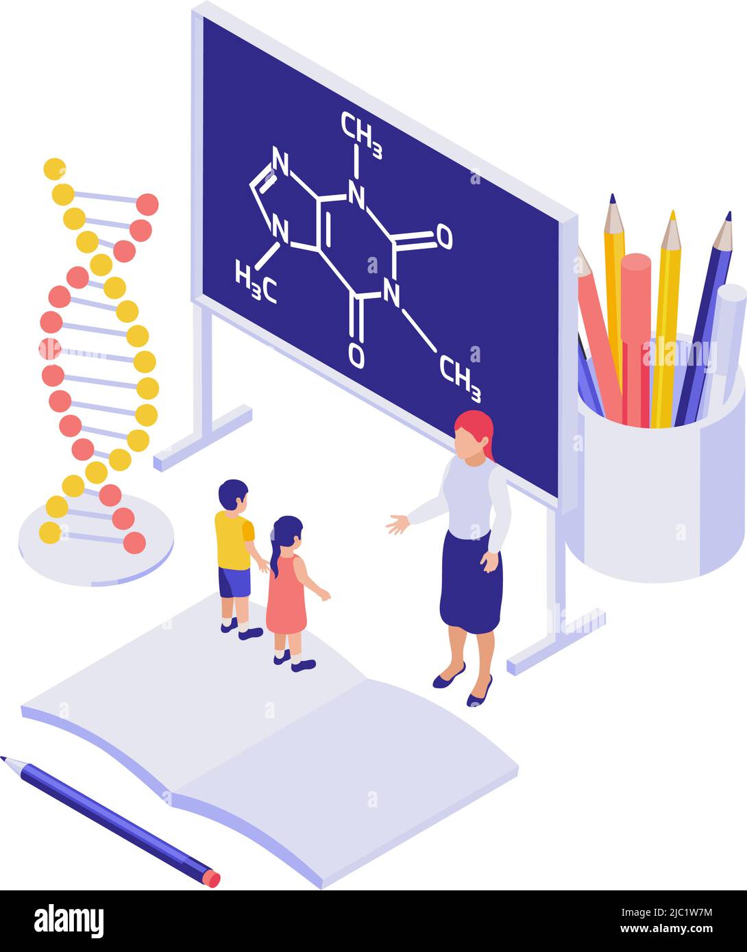 Science education isometric concept with dna model board teacher pupils ...