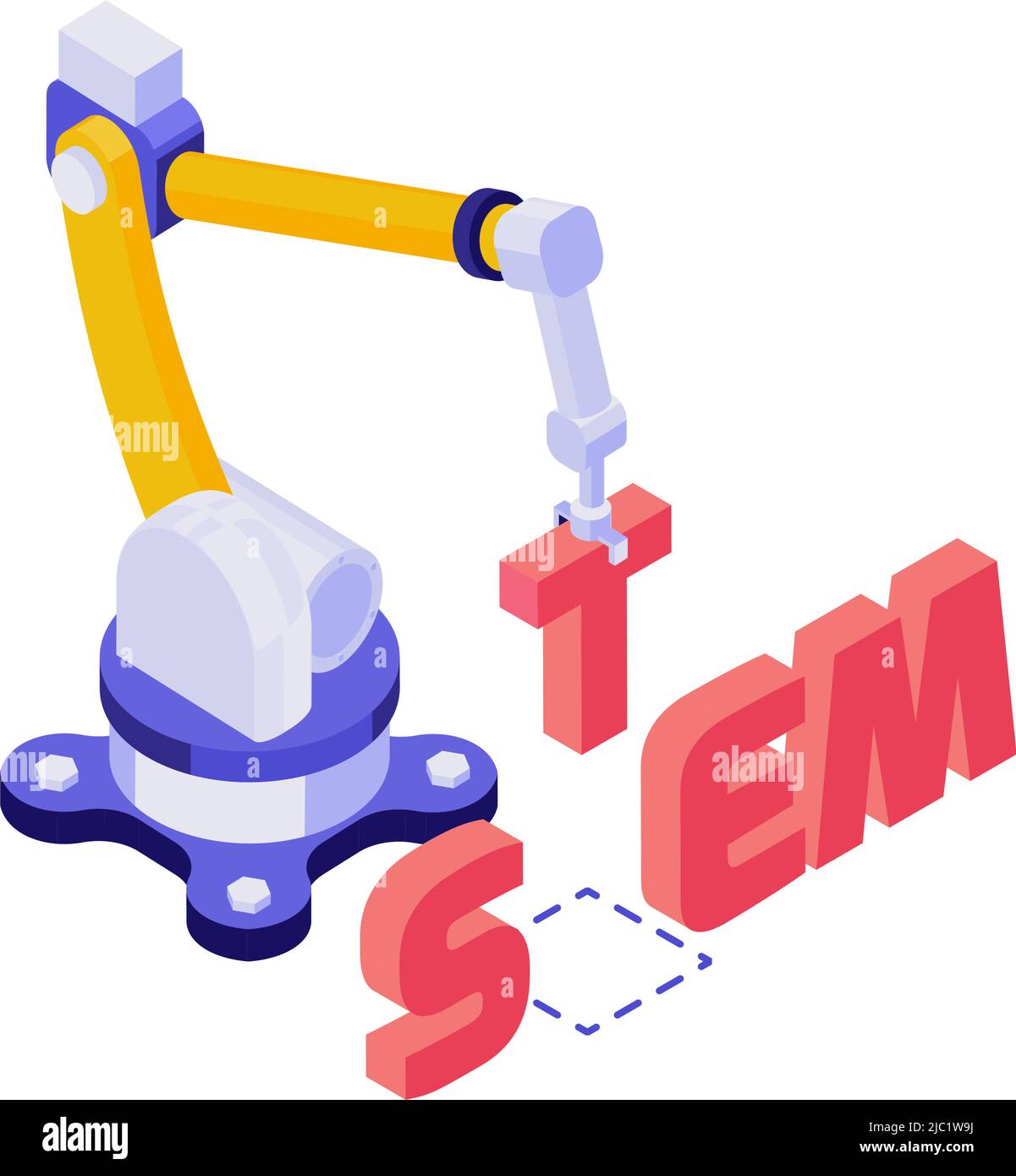 Automated robotic arm building word stem 3d isometric education concept ...
