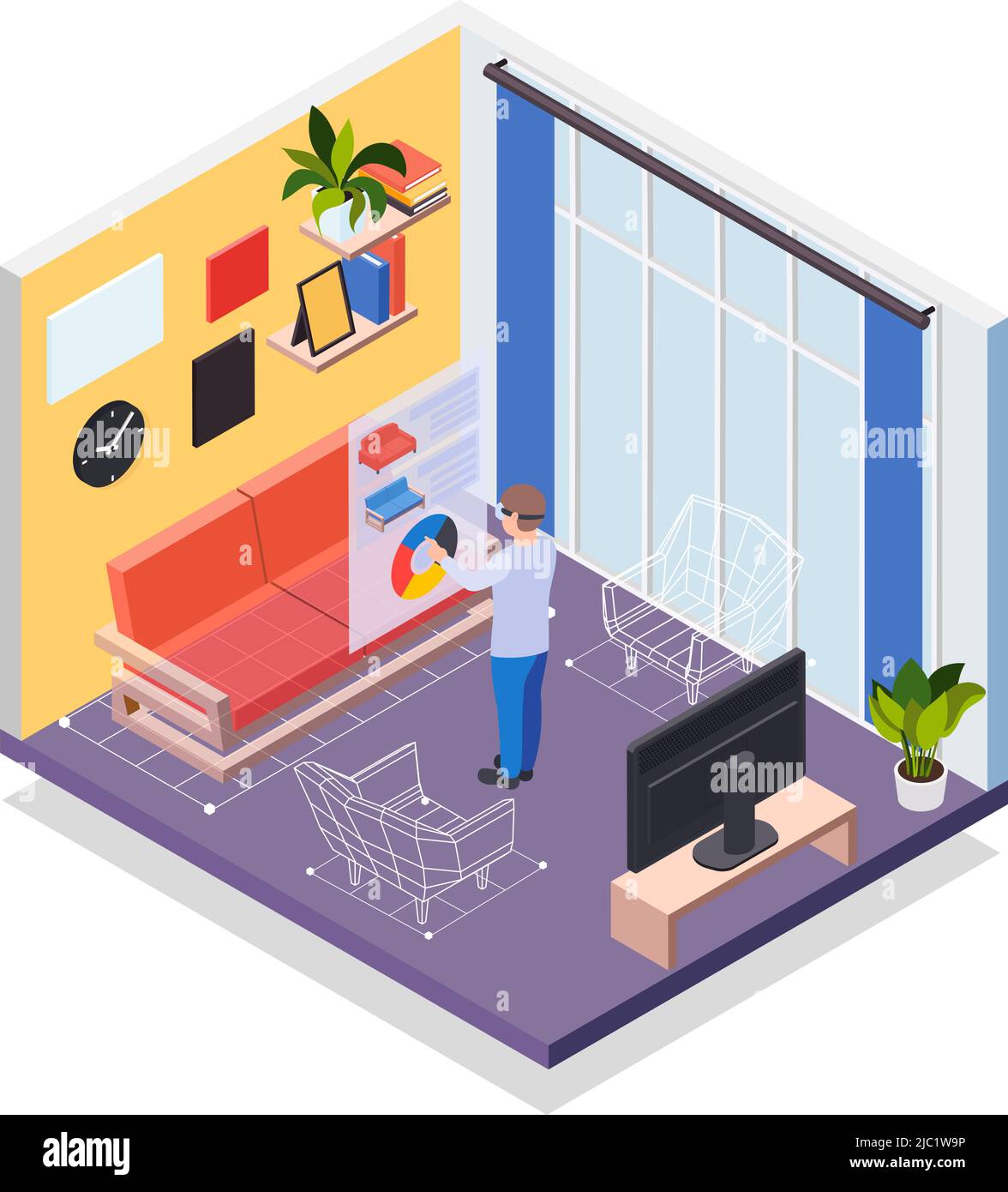 Augmented reality furniture isometric concept with man in vr headset ...