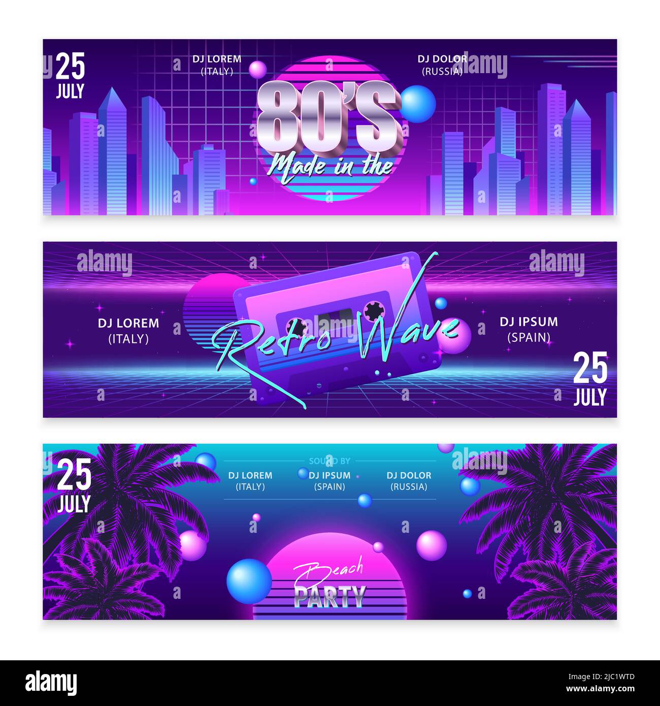 Set of three wide horizontal realistic retro wave party banners with ...