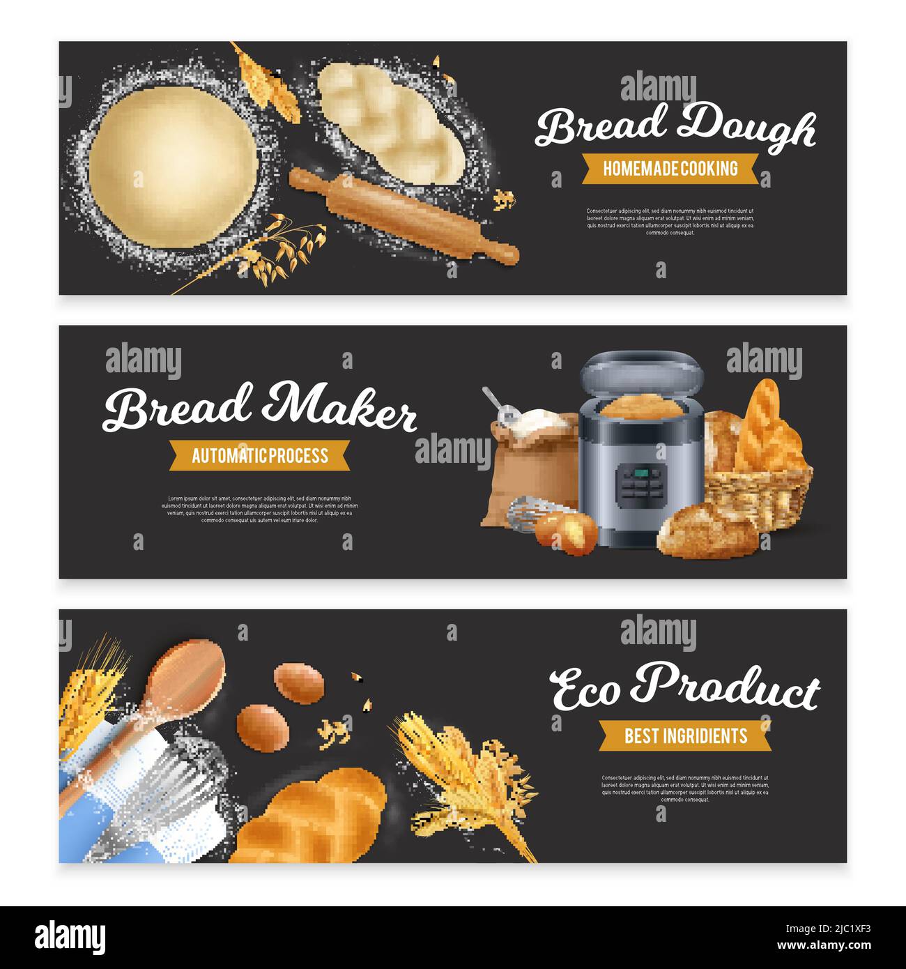 Set of three wide horizontal realistic bread banners with ribbon badges ...