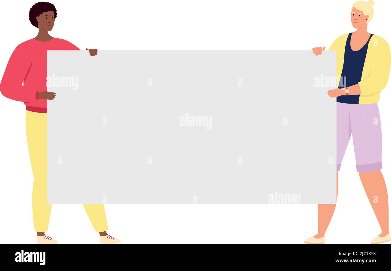 People holding white banner. Blank promo placard template Stock Vector ...