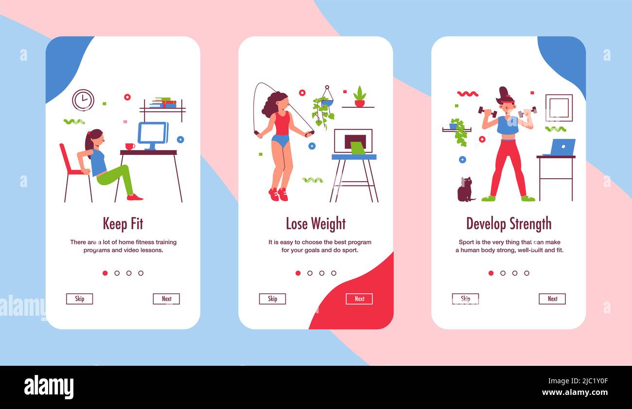 Keep fit while working from home 3 smartphone screens set with yoga ...