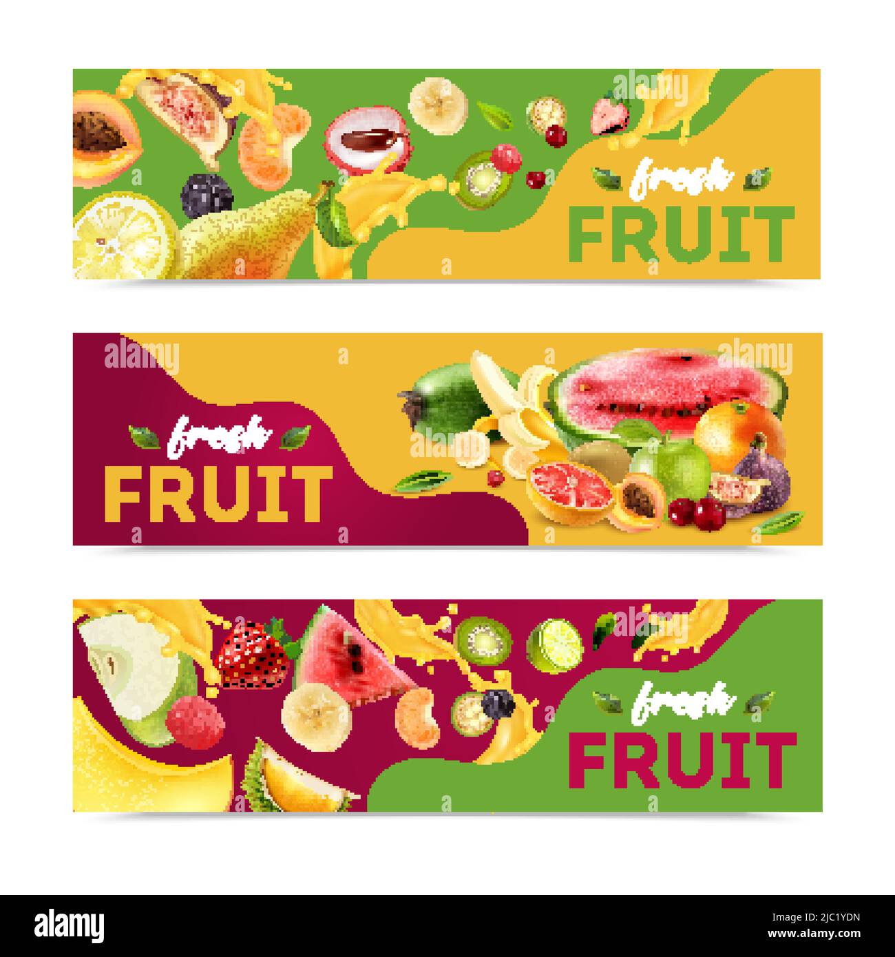 Three horizontal isolated and realistic fruits banner set with fresh ...