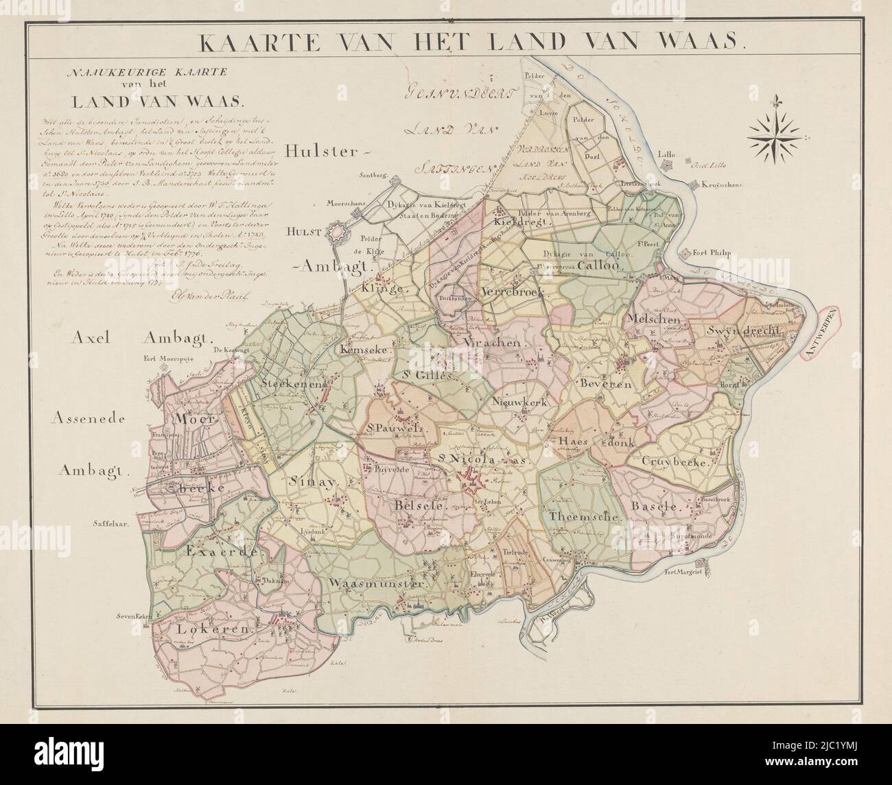 Signed map of Waasland. Top left a handwritten explanation about the ...