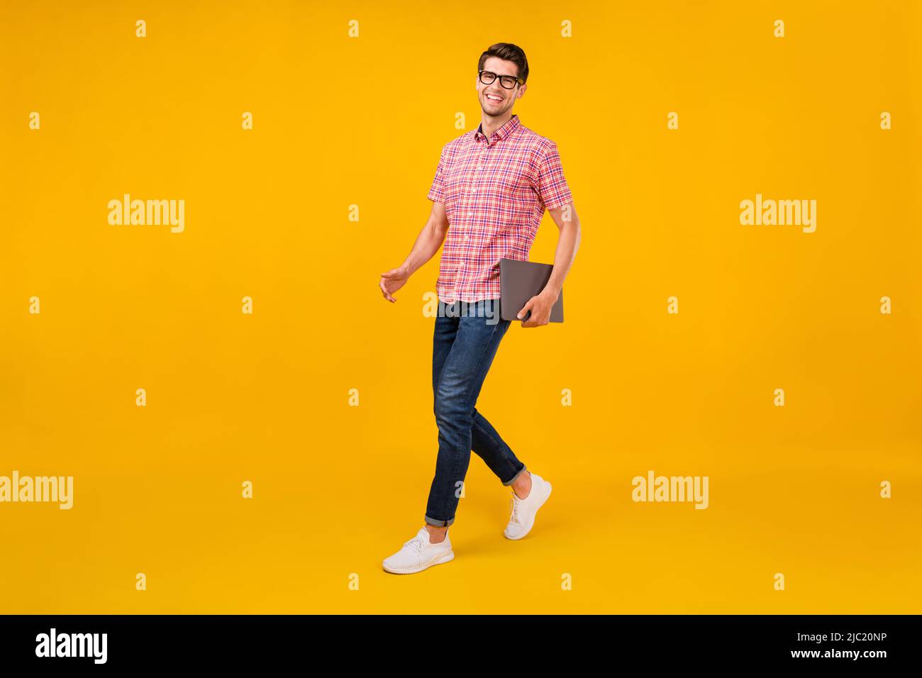 Full body profile side photo of young man happy positive smile go walk ...