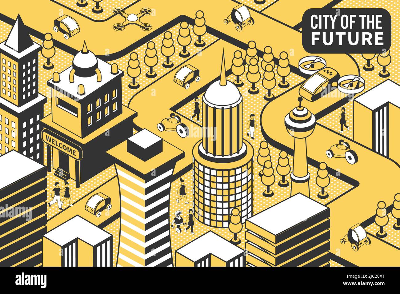 City future isometric composition with editable text and birds eye view ...
