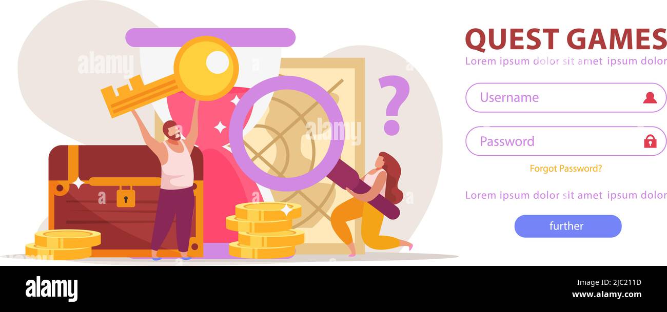 Quest game flat background for web site login page with fields buttons ...
