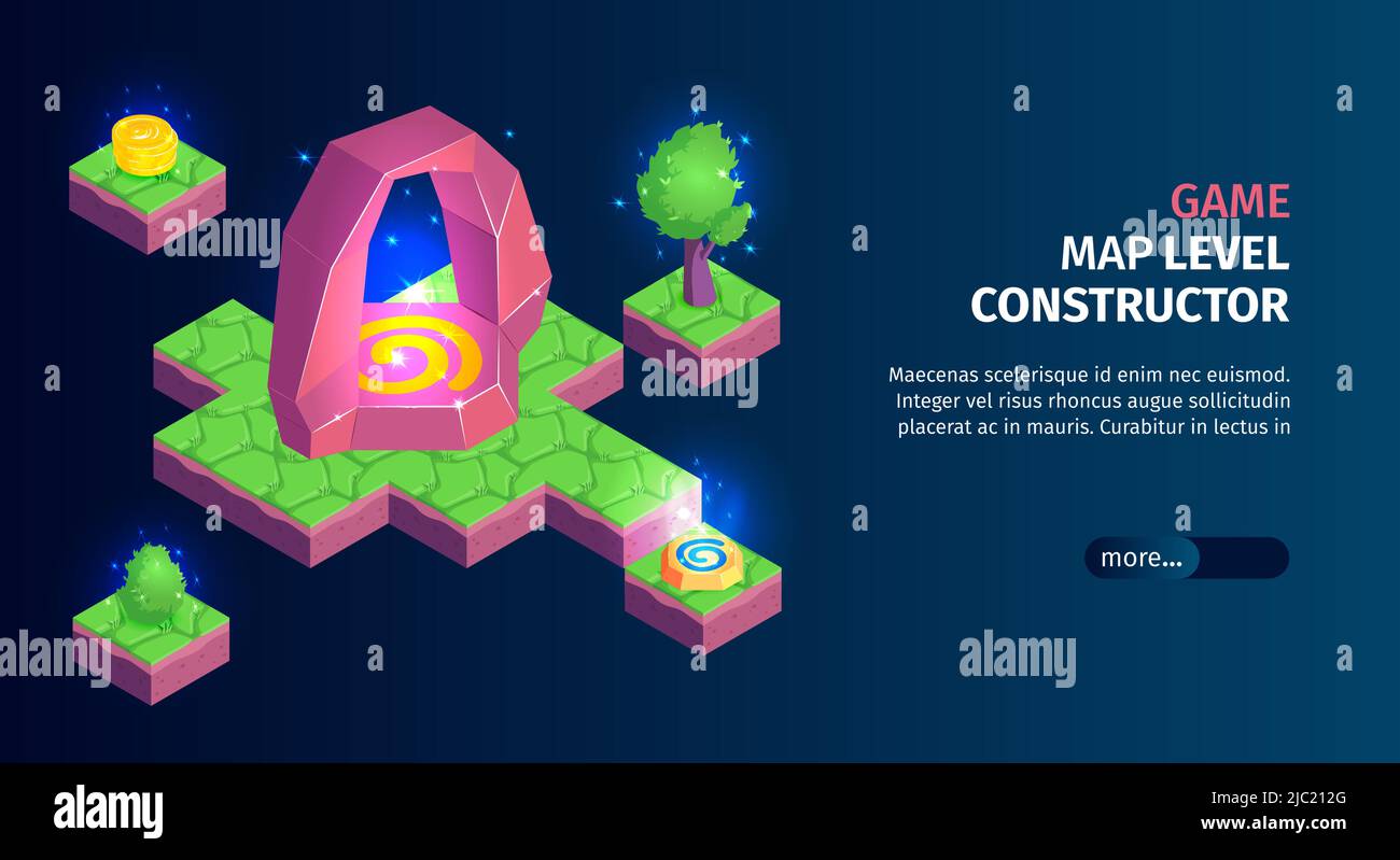 Isometric game landscape horizontal banner with editable text more ...