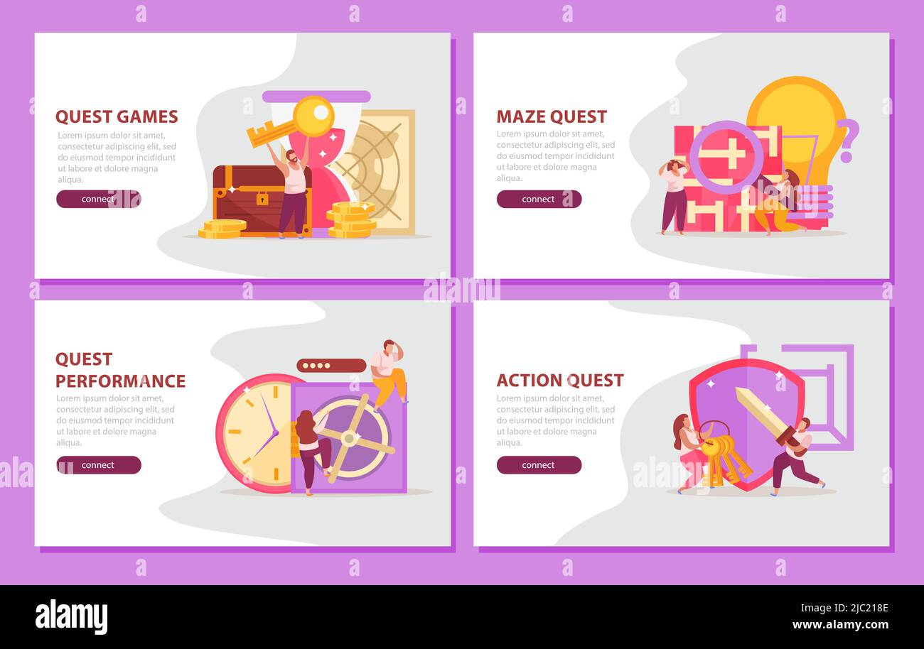 Quest game flat 4x1 set of horizontal banners with editable text ...