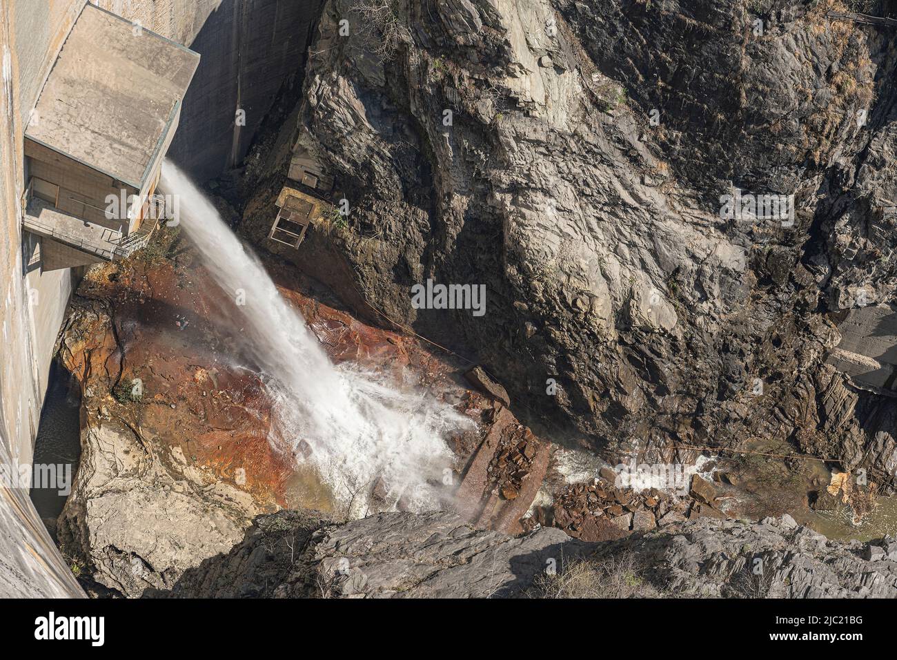 Water outflow at the dam in the Verzasca Valley, Canton Ticino ...