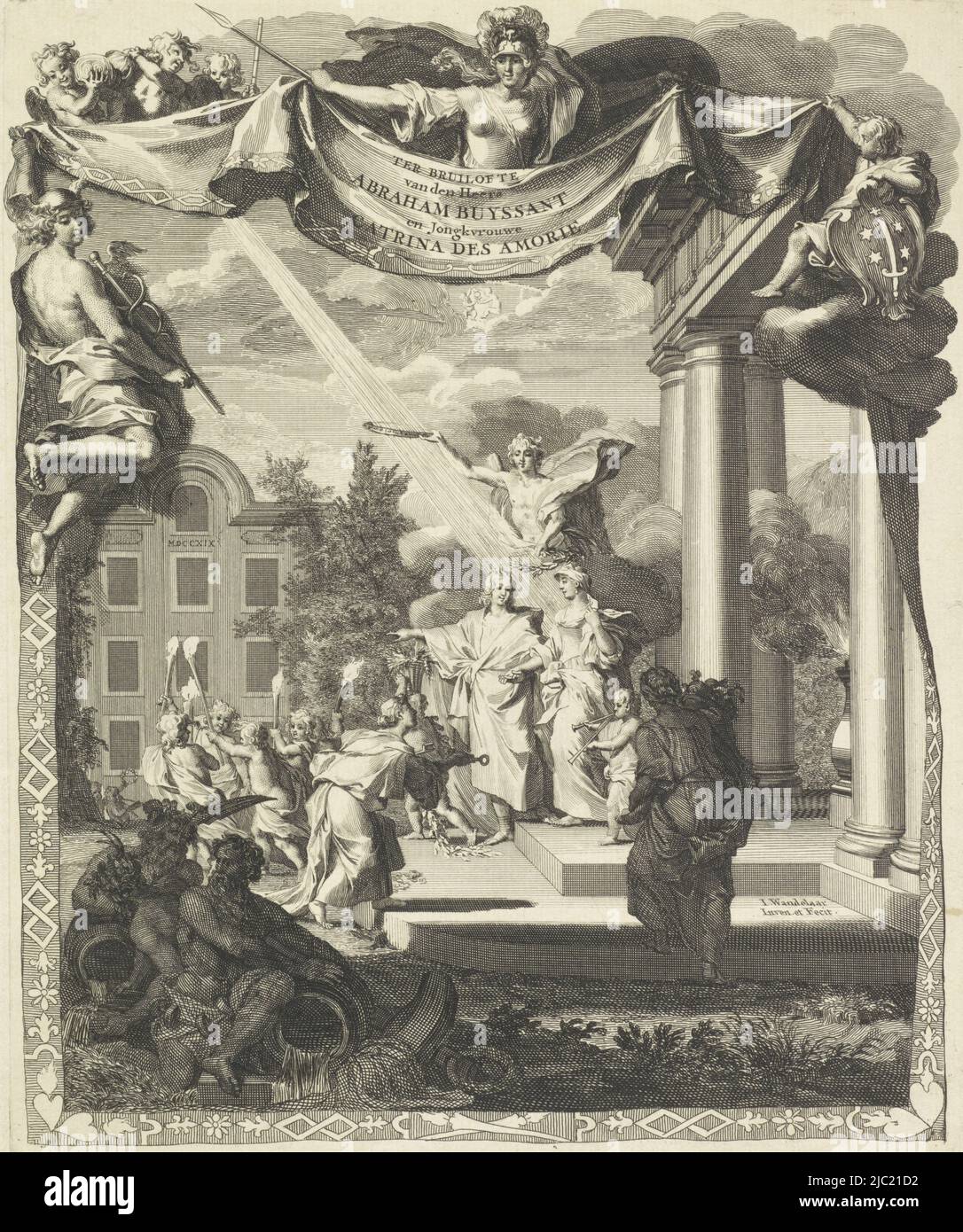 The wedding couple stands on the steps of a classical building. They ...