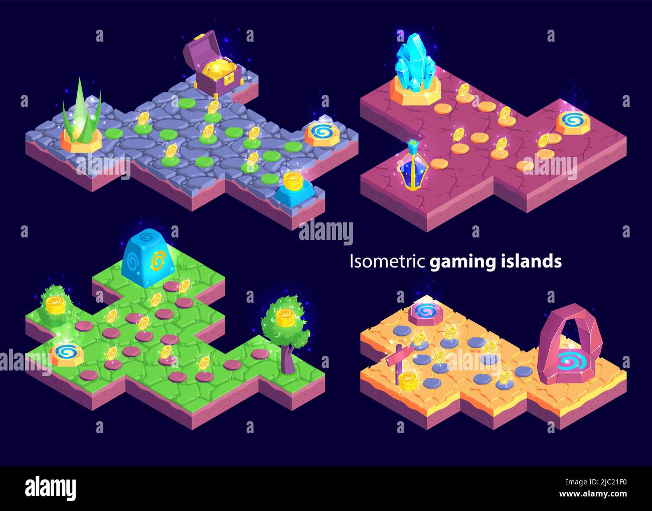 Isometric set of four isolated gaming levels with island shaped maps ...