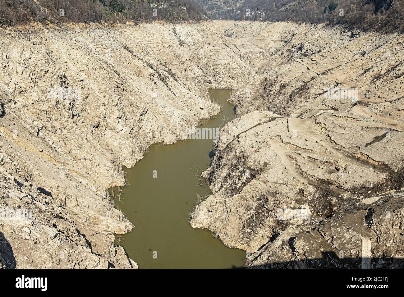 Empty reservoir in the Verzasca Valley, Canton Ticino, Switzerland ...