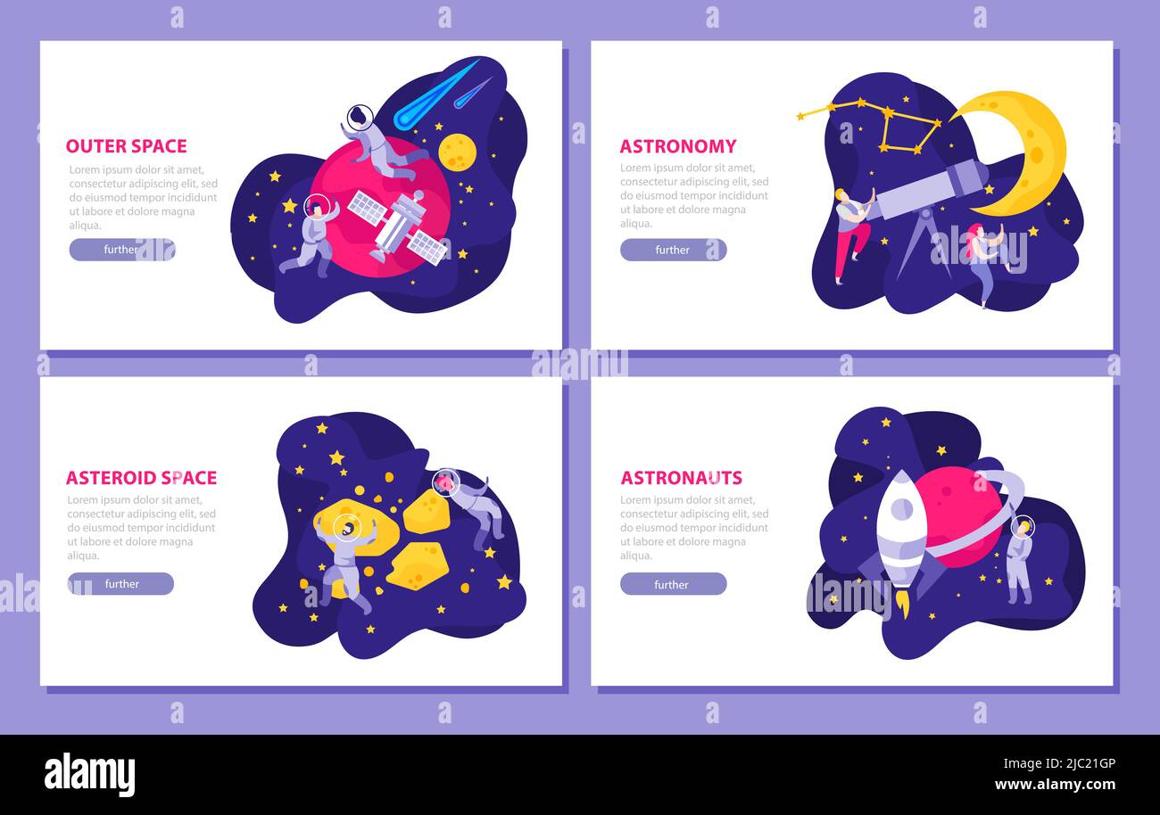 Astronomy space people flat 4x1 set of horizontal banners with doodle ...