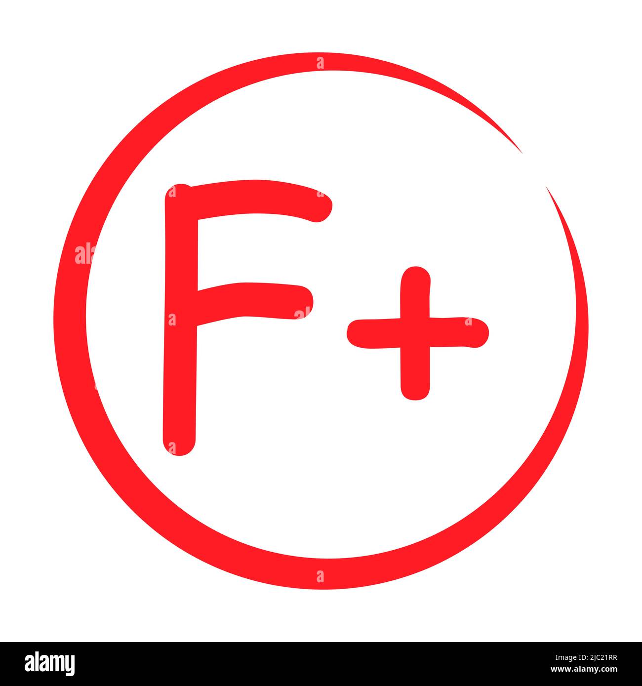 Grade result F plus. Hand drawn icon in red color. Test exam mark ...